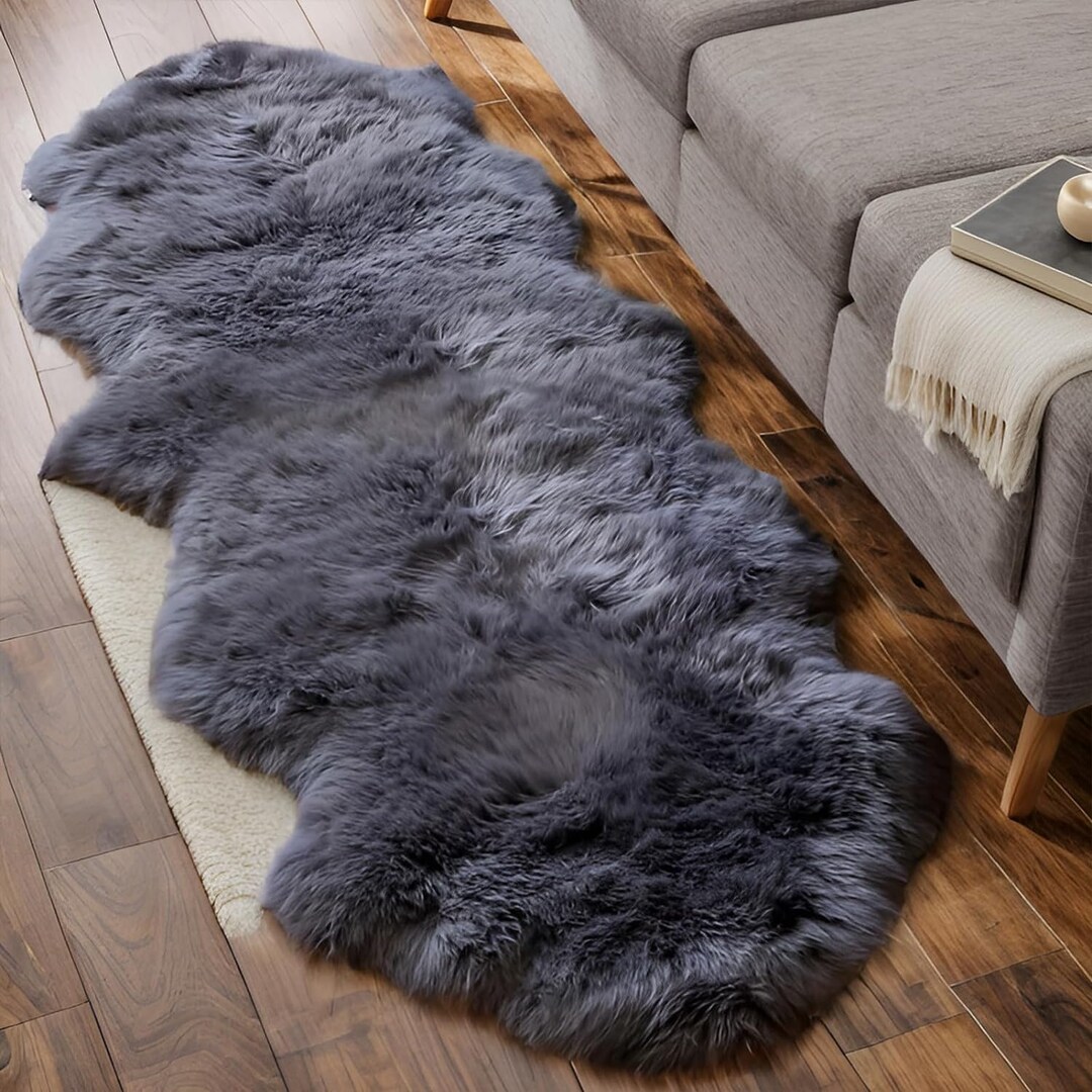 Genuine Sheepskin Rug - Double Sheep Skin Rug, High Quailty Steel Grey ...
