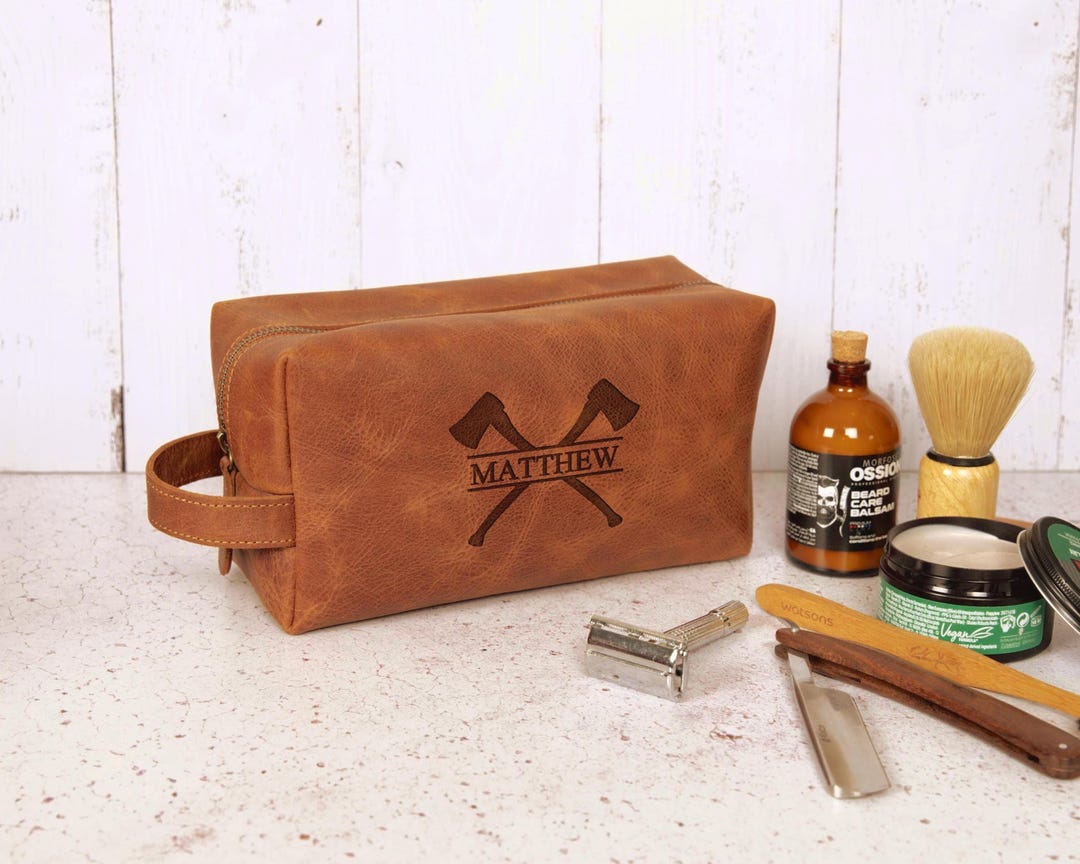Engraved Leather Dopp Kit – Personalized Travel Toiletry Bag, Camping ...