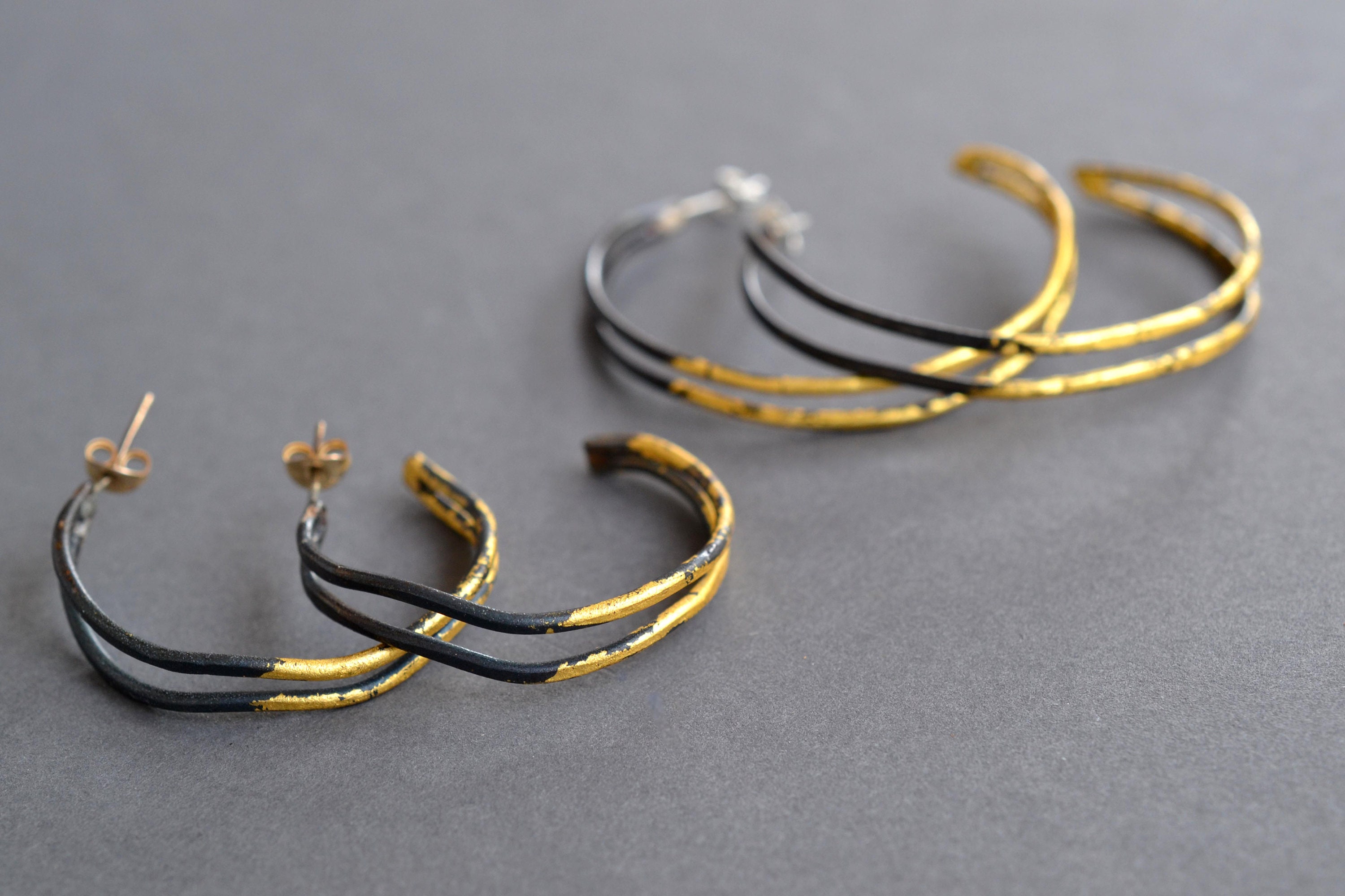 Wavy Steel and Gold Hoops Organic Hoops, Post Hoops, Large Hoops, Black ...