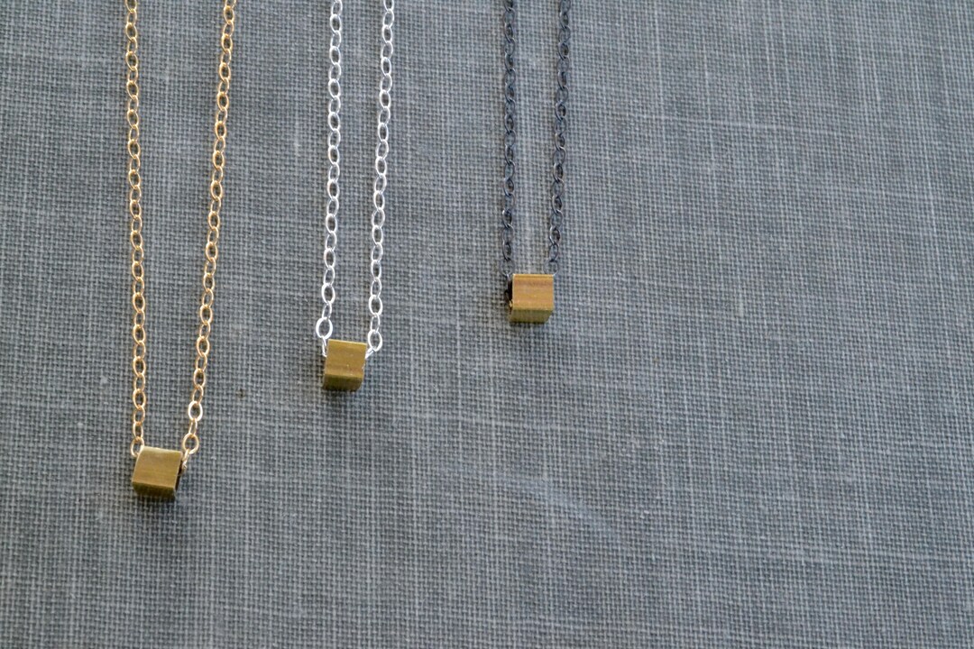 Tiny Cube Necklace: Brass Bead, Sterling Silver Chain Choker - Etsy