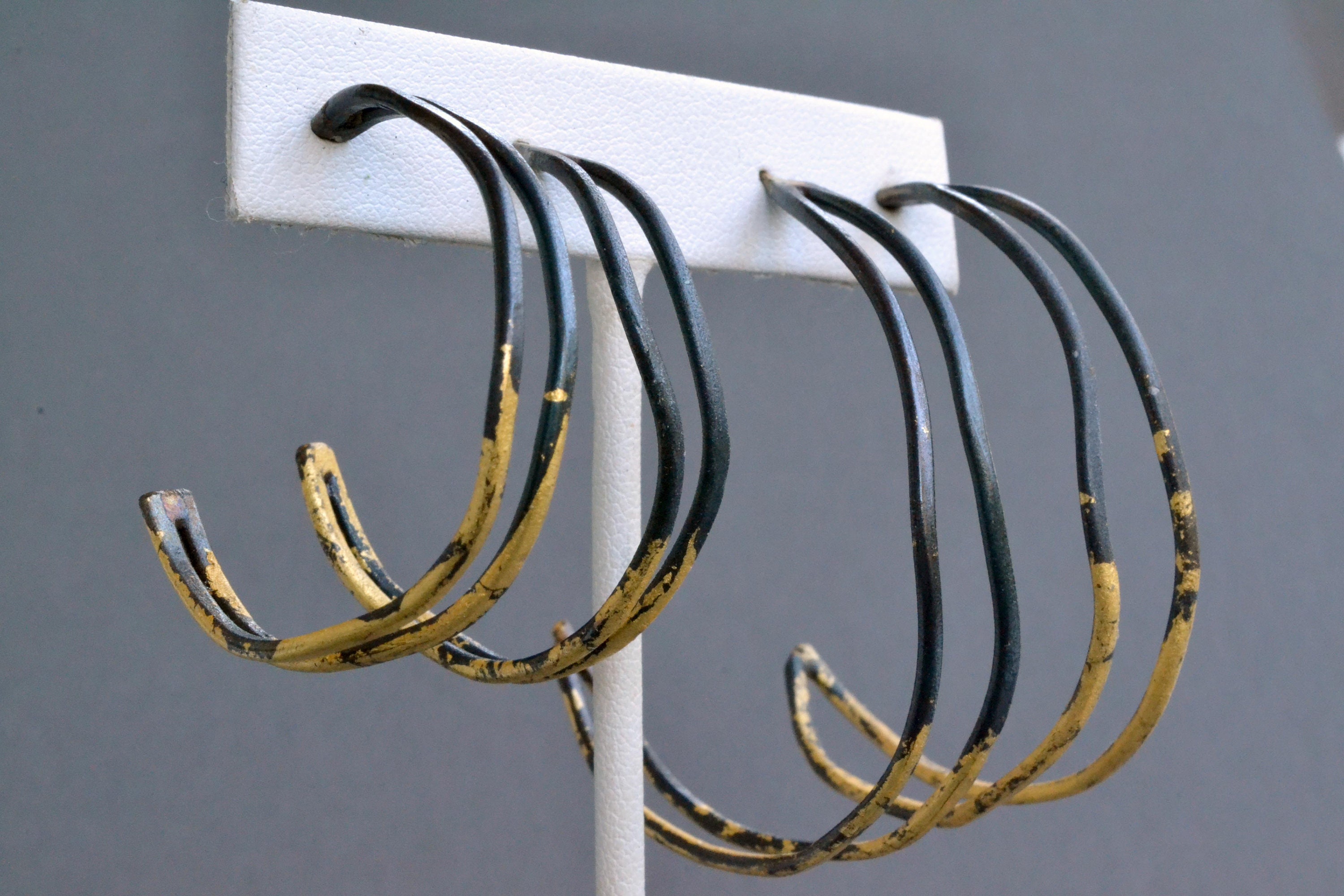 Wavy Steel and Gold Hoops Organic Hoops, Post Hoops, Large Hoops, Black ...