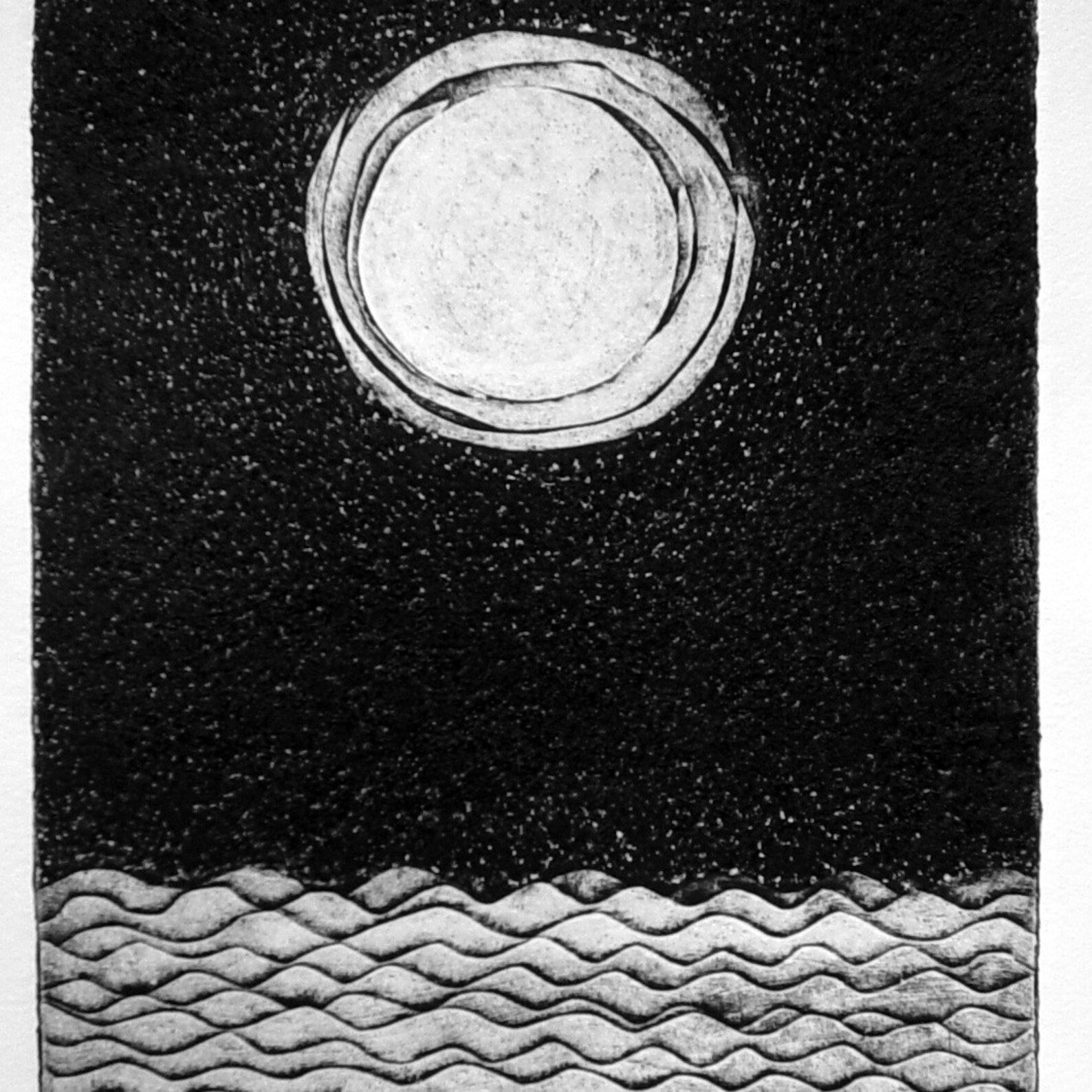 Moon and Sea Etching original Collagraph Wall Art | Etsy