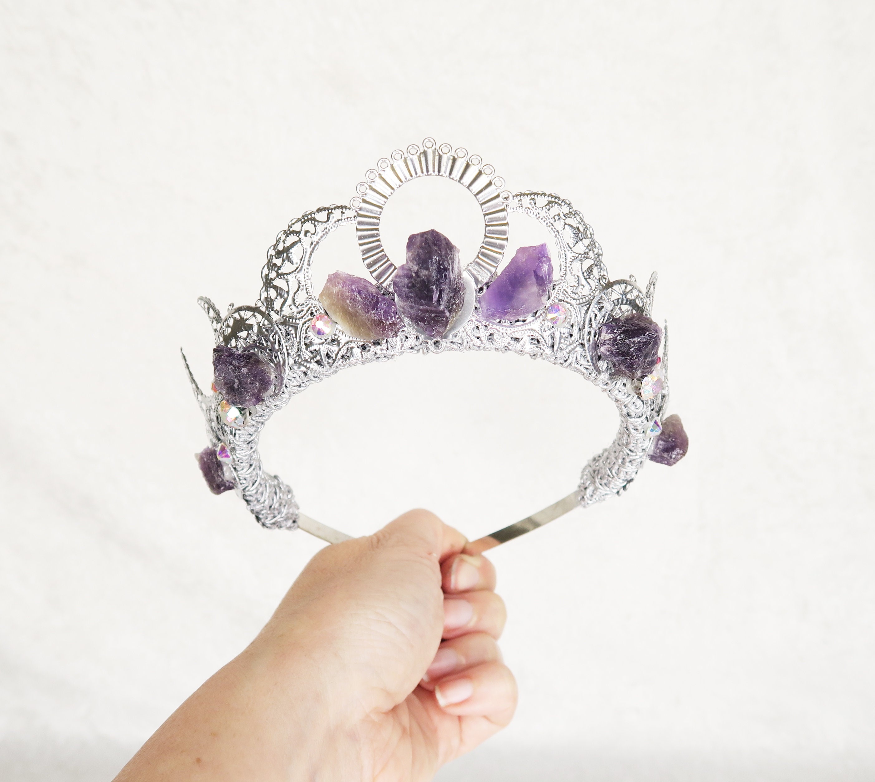 Eclipse Gem Silver Crown with Raw Amethyst and Rainbow Glass | Etsy