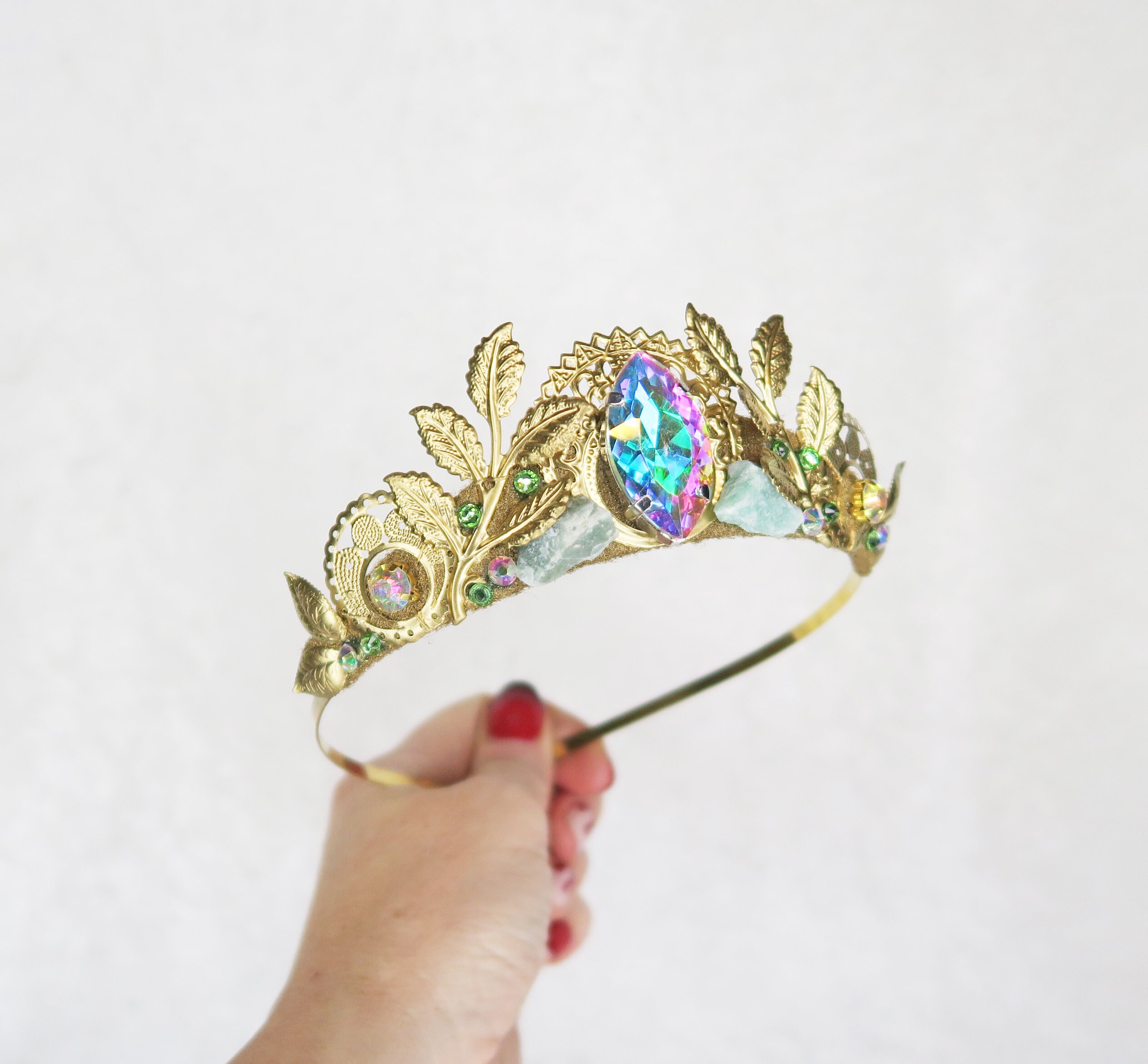 Laurel Gold Tiara - Raw Aventurine and Crystal Rhinestones - by Loschy ...
