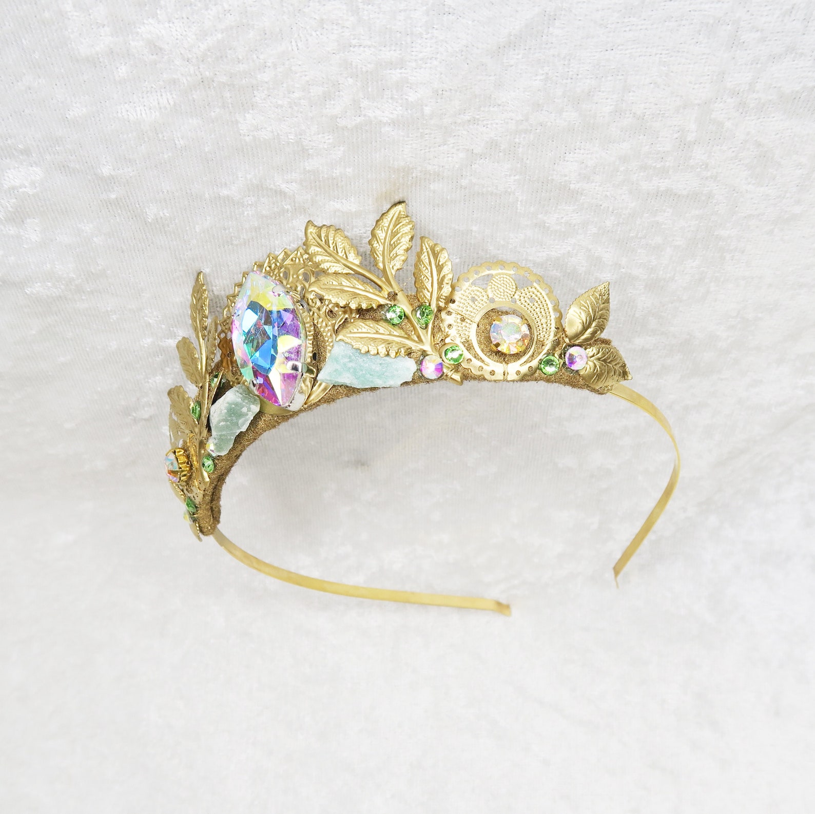 Laurel Gold Tiara - Raw Aventurine and Crystal Rhinestones - by Loschy ...