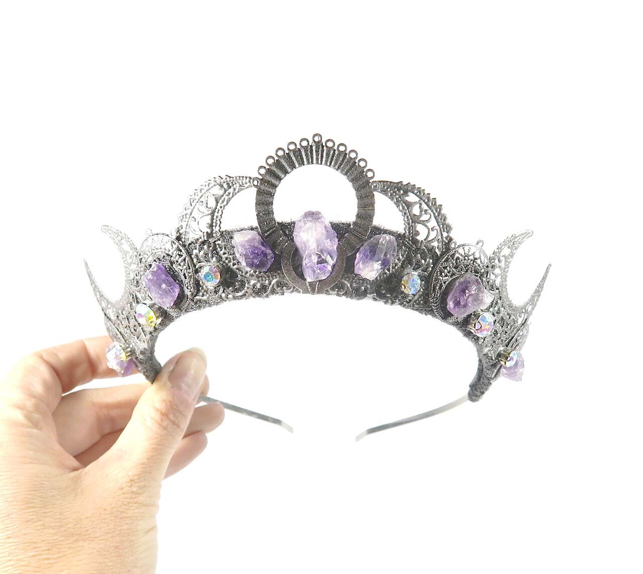 Eclipse Gem Silver Crown with Raw Amethyst and Rainbow Glass | Etsy