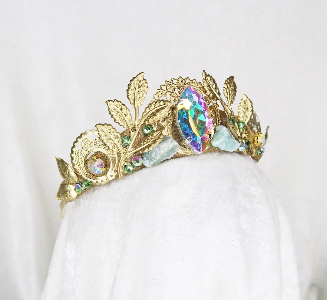 Laurel Gold Tiara - Raw Aventurine and Crystal Rhinestones - by Loschy ...