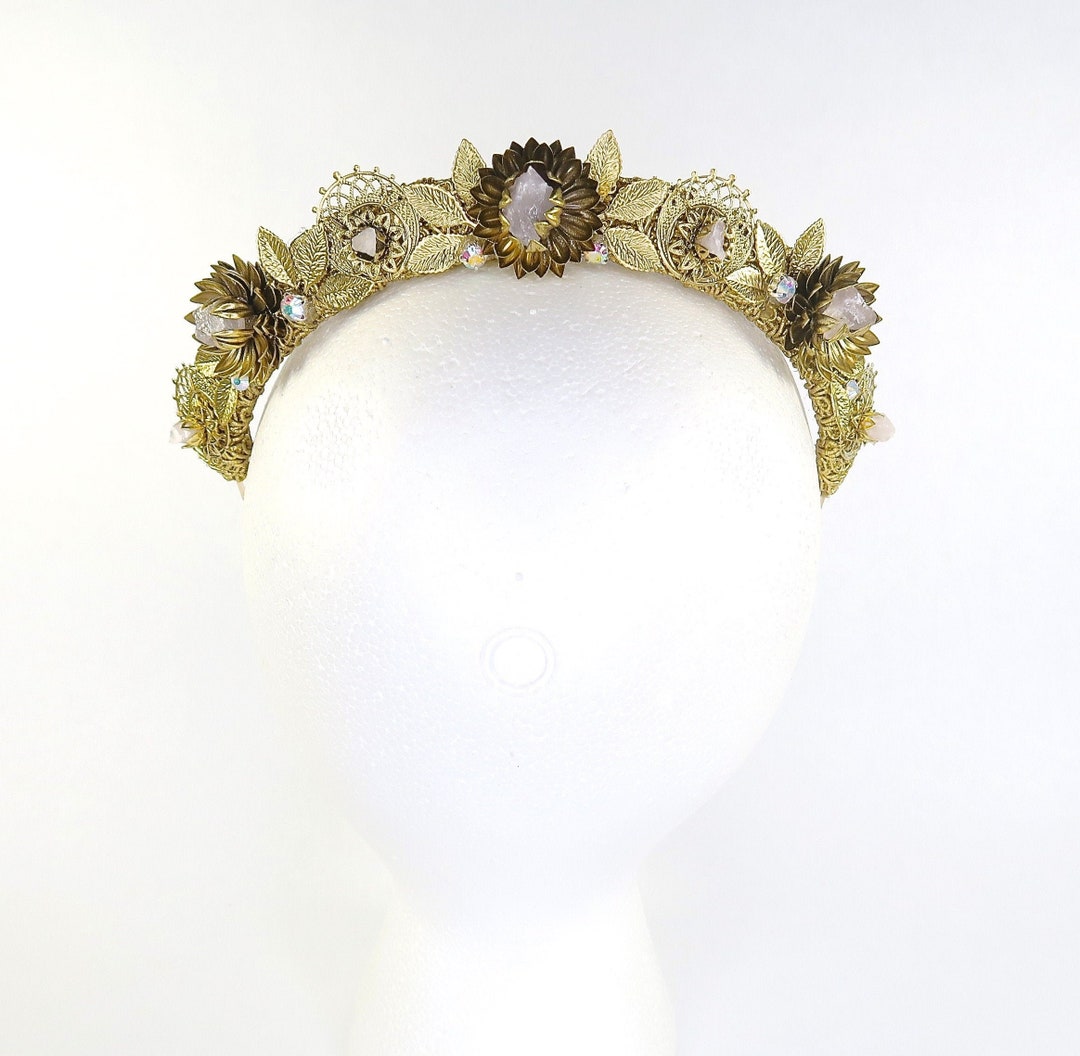 Gold Floral Crown With Raw Rose Quartz – Statement Headband - Etsy