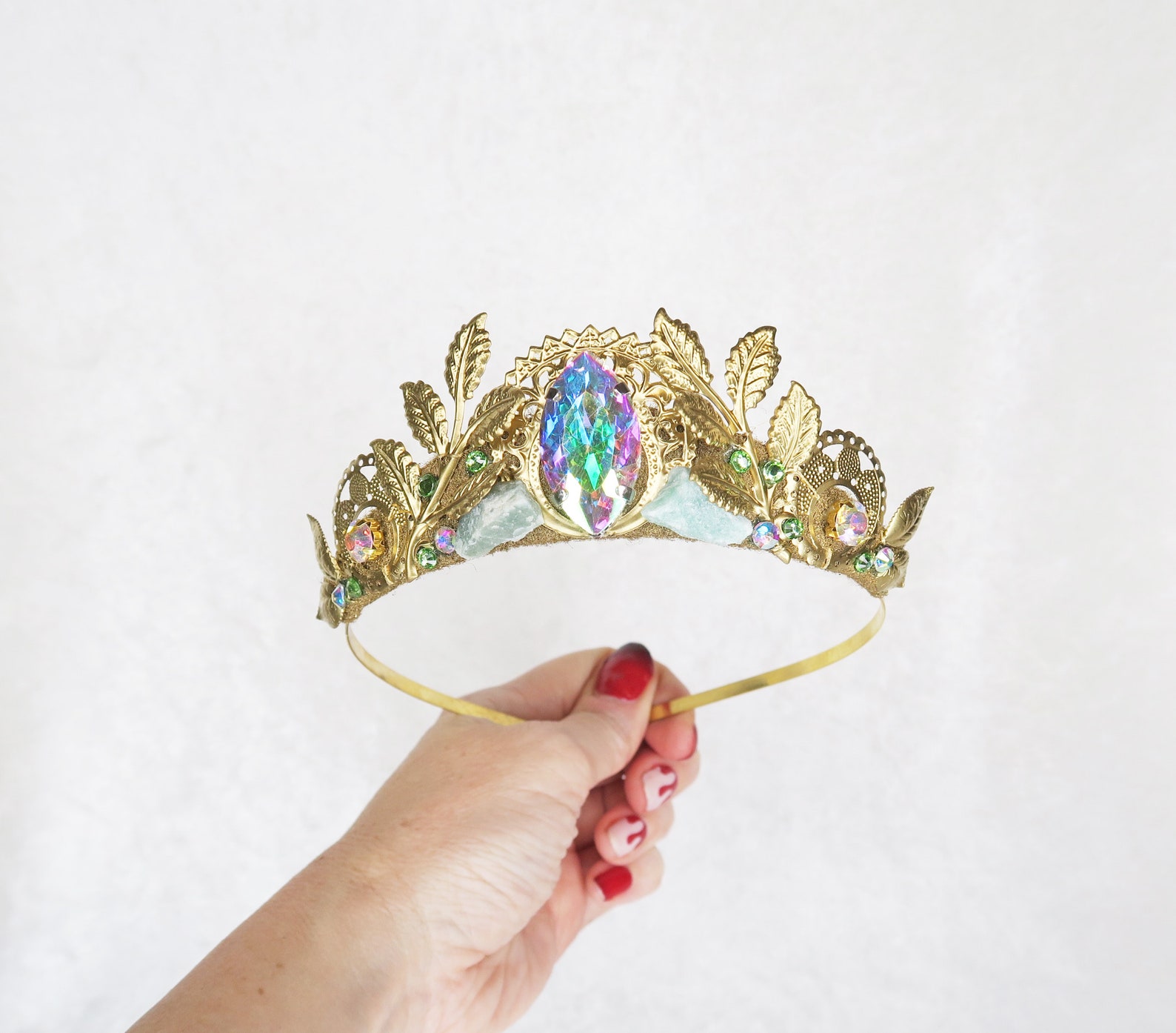 Laurel Gold Tiara - Raw Aventurine and Crystal Rhinestones - by Loschy ...