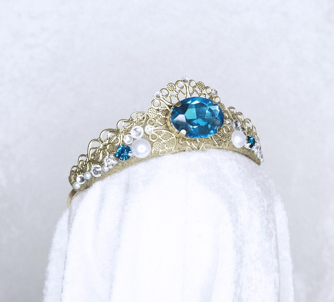 Merida Inspired Small Tiara - Gold With Pearls, Blue and Faux Diamond ...