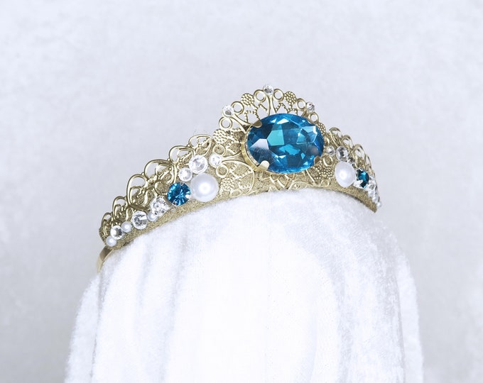 Merida Inspired Small Tiara - Gold With Pearls, Blue and Faux Diamond ...