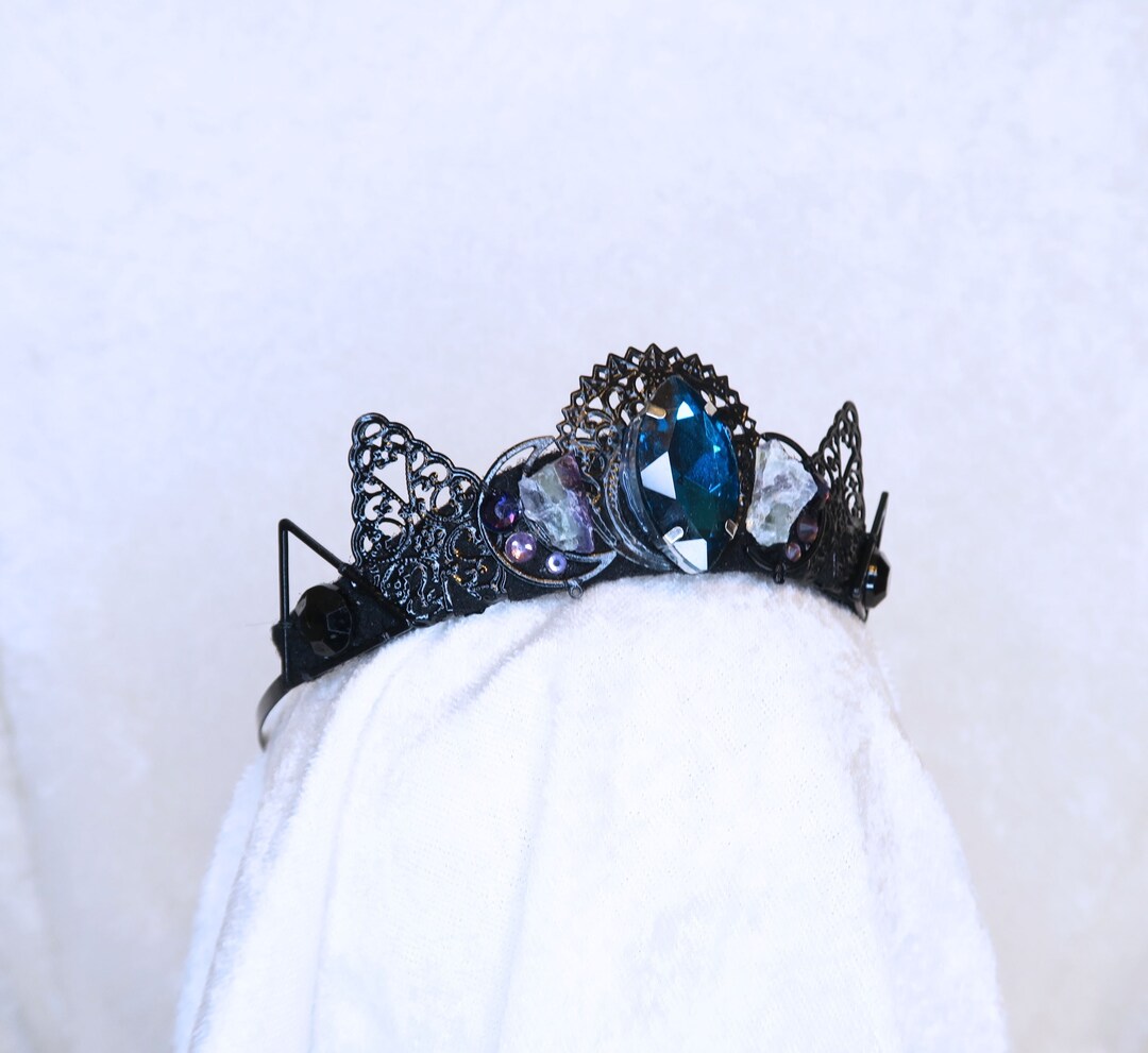 Mars Black Tiara With Raw Fluorite, Large Central Turquoise Rhinestone ...