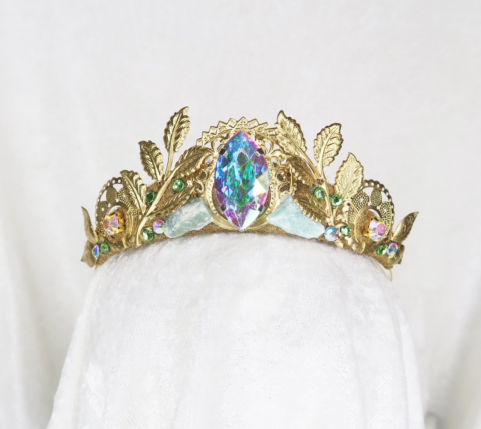 Laurel Gold Tiara - Raw Aventurine and Crystal Rhinestones - by Loschy ...