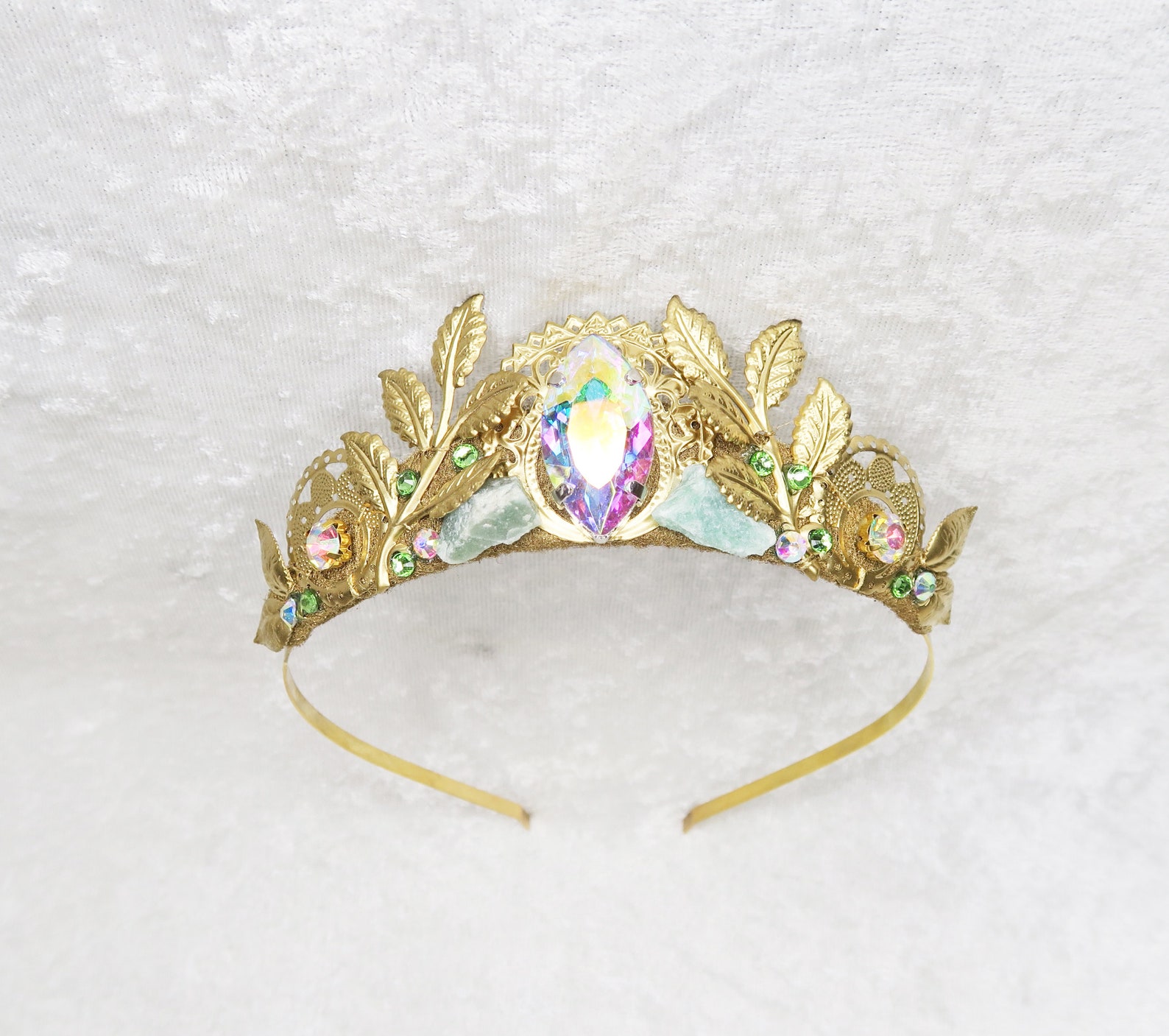 Laurel Gold Tiara - Raw Aventurine and Crystal Rhinestones - by Loschy ...