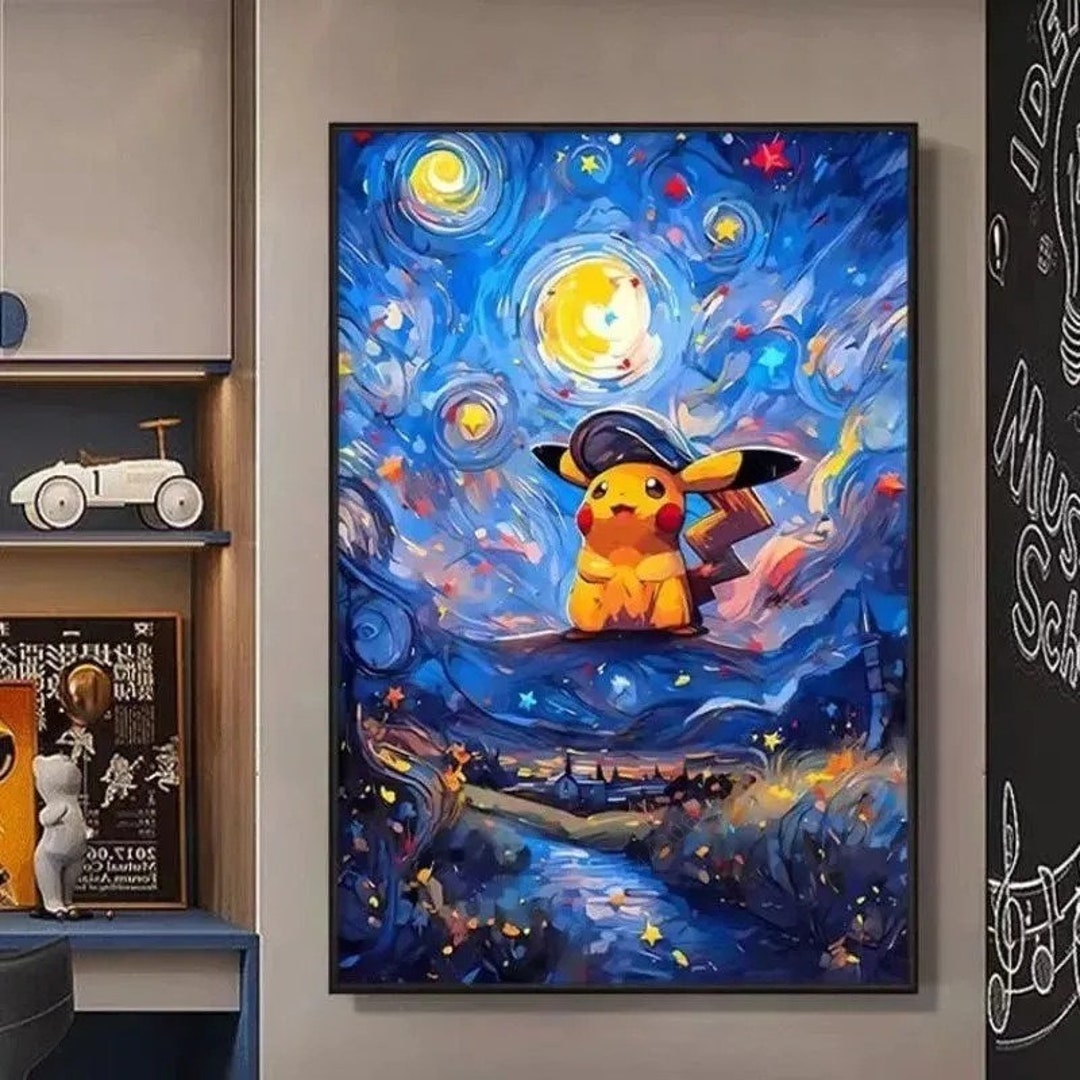 Pokémon Pikachu Watercolor Painting Canvas Poster Print Van Gogh Starry ...