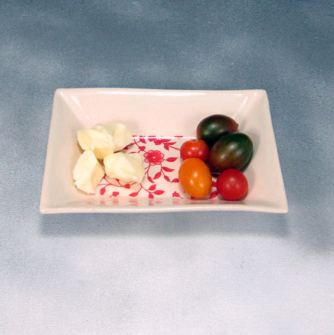 Red and White Small Rectangle Ceramic Plate or Tray Hand Built Pottery ...