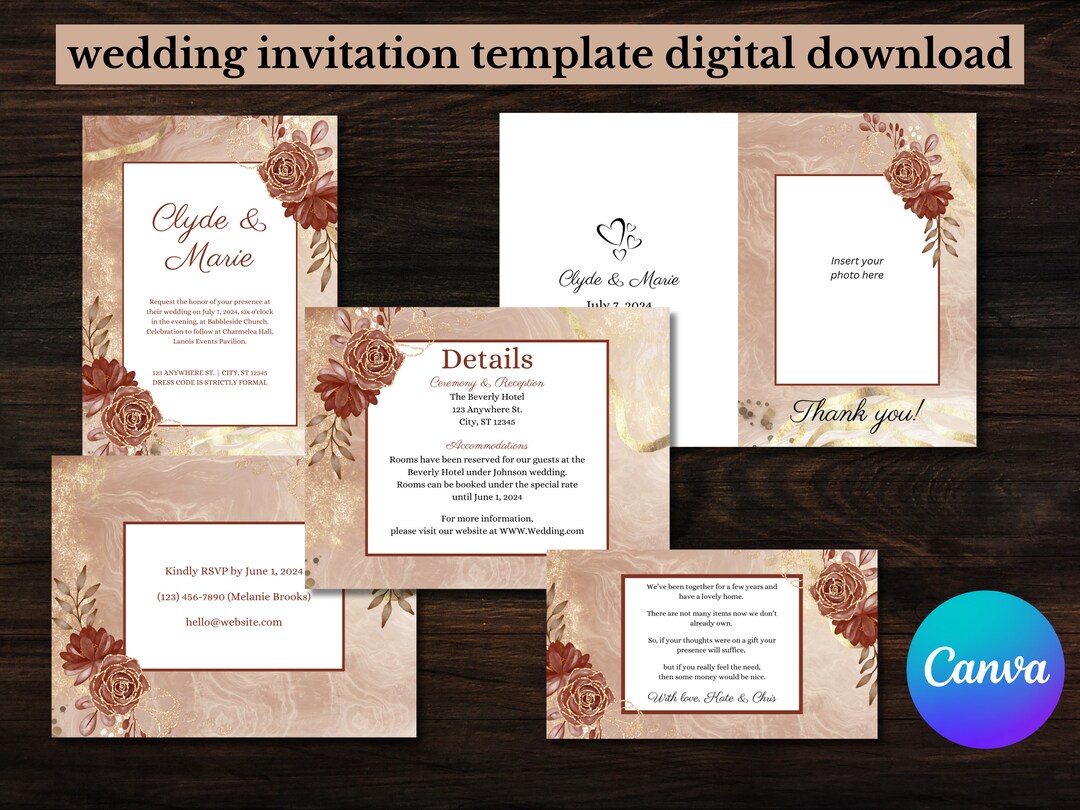 Glamourous Rose Gold Wedding Invitation, Gold Digital Wedding Templates ...