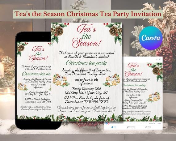 Christmas Tea Party Invitation Set, Holiday Tea Party, Holiday Party ...