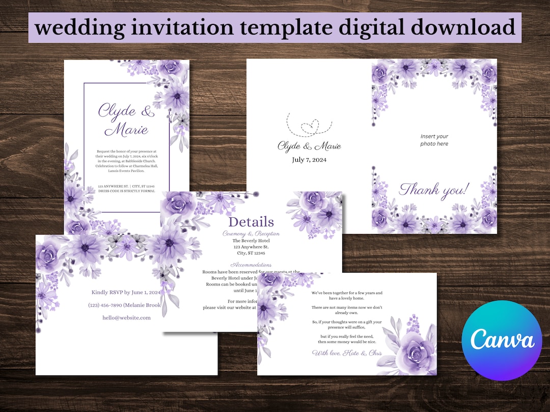 Purple Daisy Wedding Invitation Templates, Digital Templates for ...