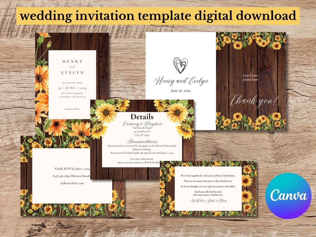 Sunflower Wedding Invitation, Rustic Wedding Invitation Set, Rustic ...