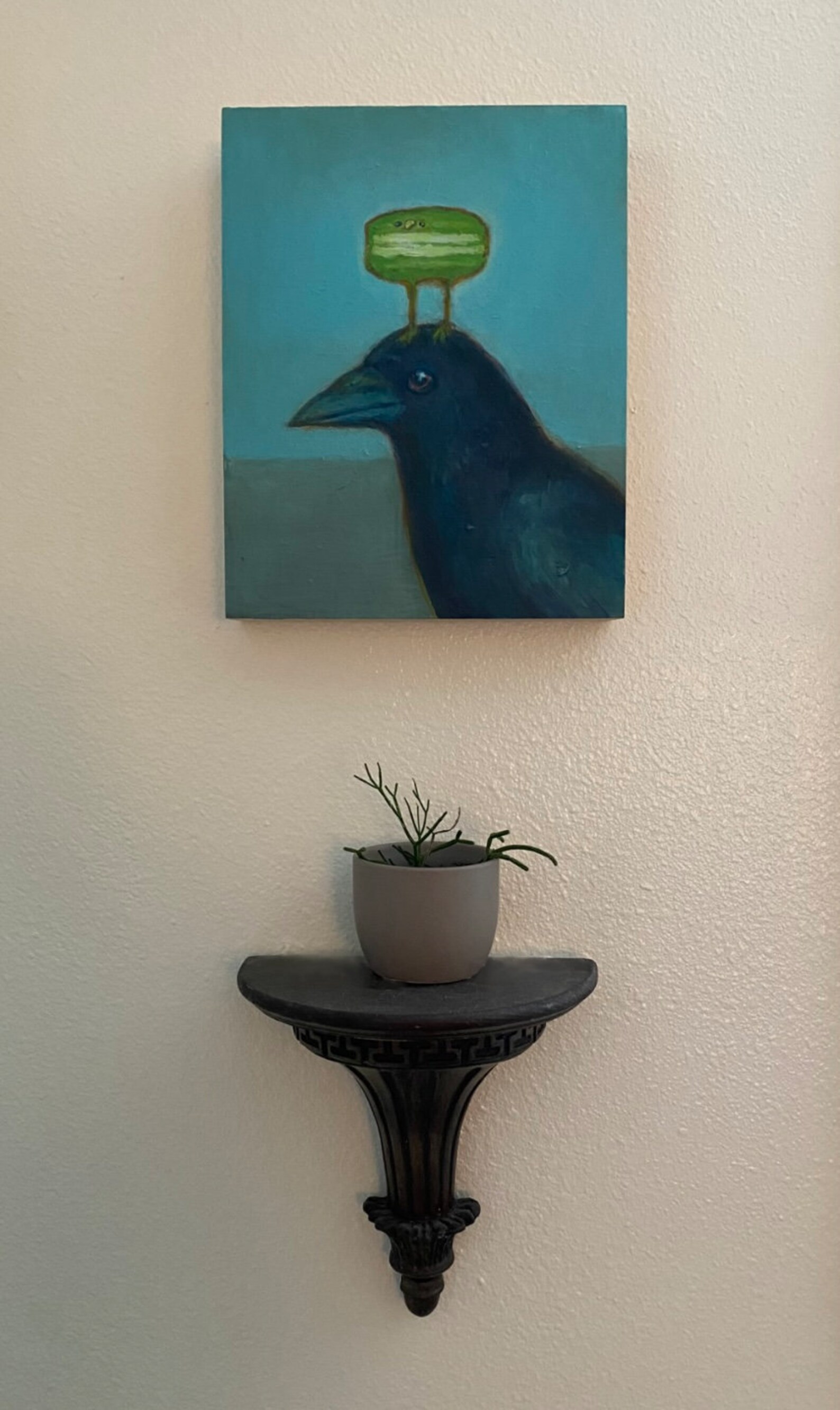 Crow With Green Macaron Bird on Its Head ORIGINAL Acrylic Painting on 8 ...
