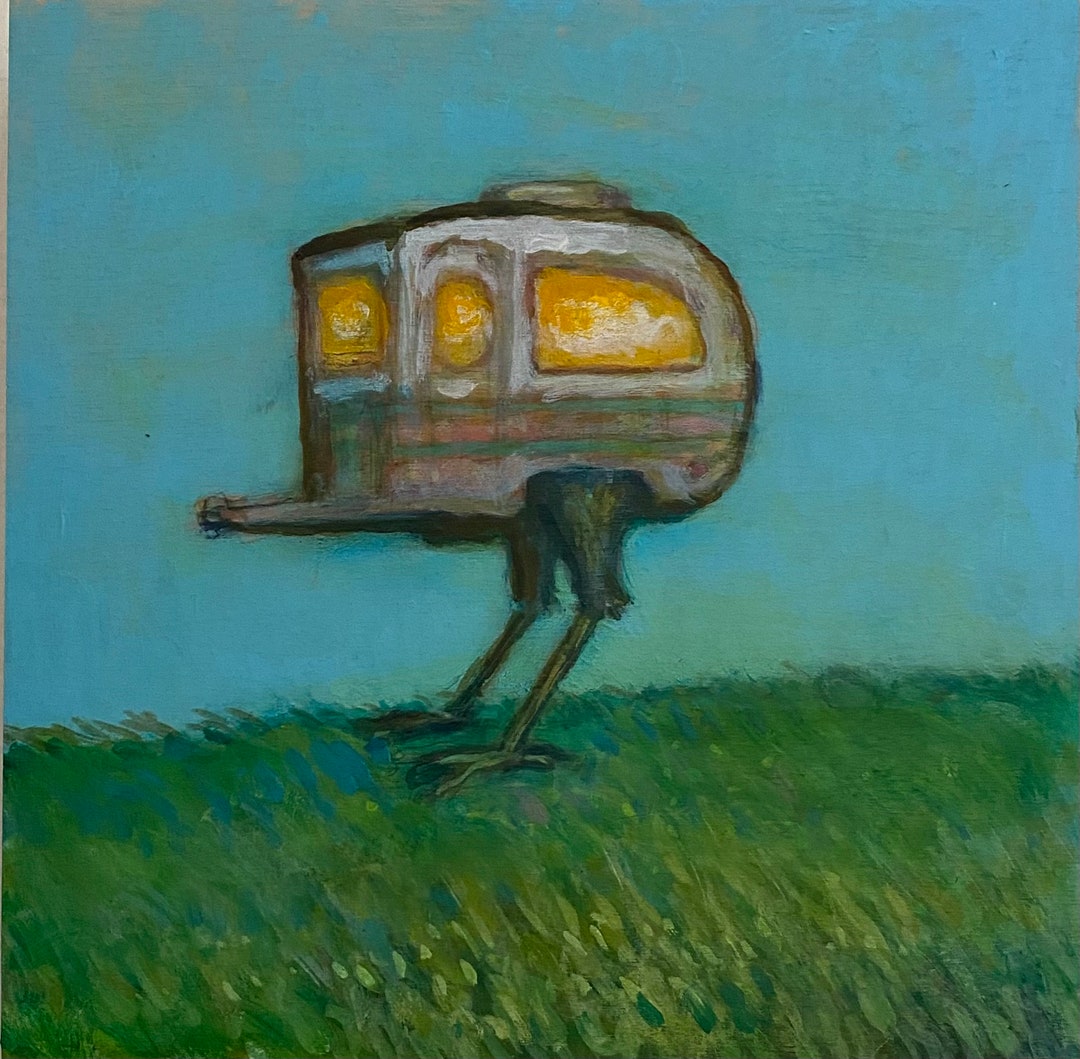 Pink and White Camper-creature on a Windy Day ORIGINAL Acrylic Painting ...