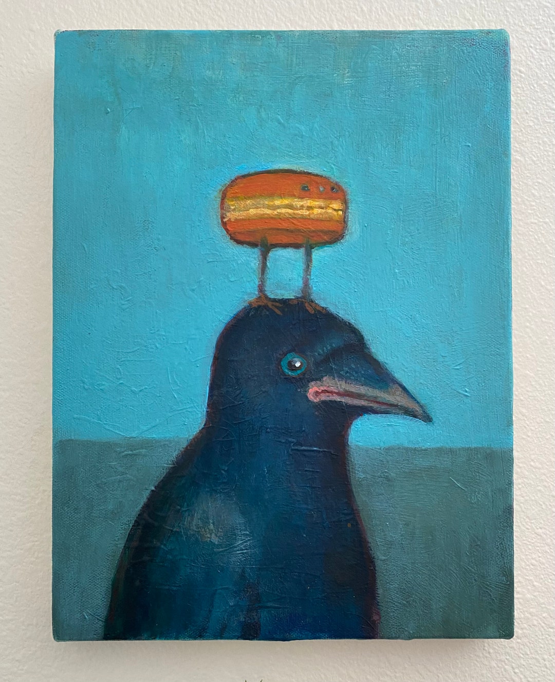Derpy Baby Crow With Orange Macaron Bird on It’s Head ORIGINAL Acrylic ...