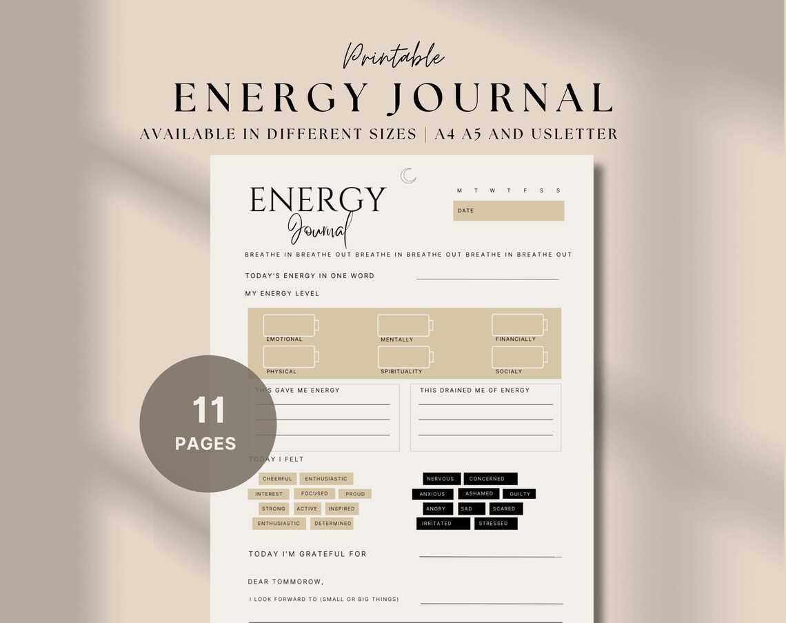 Energy Journal Printable: Guided Wellness, Mood Tracker (PDF Download ...