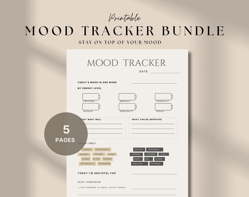 Mood Tracker Printable Kit, Monthly Mood Chart for Mental Health ...