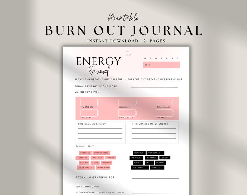 Burnout Journal & Energy Tracker PDF | Mental Health Self-care Planner ...