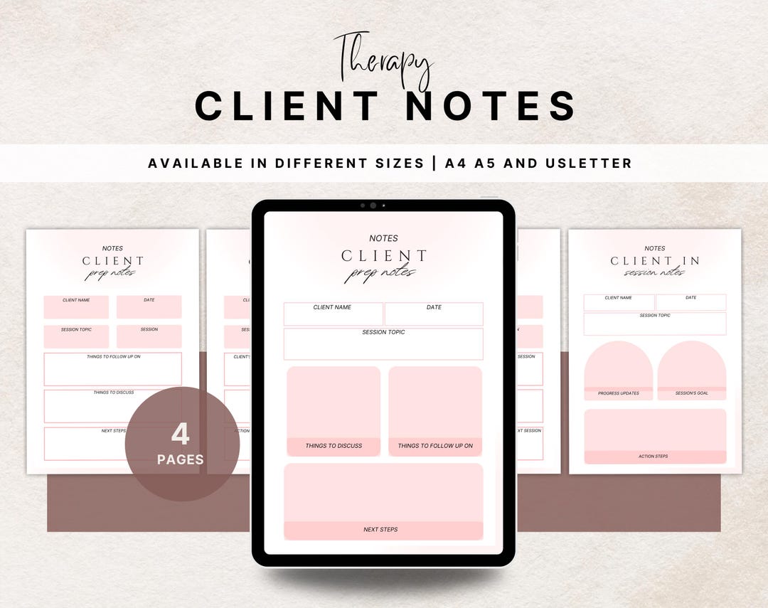 Pink Therapist Session Notes With Client Prep Progress and Goals ...