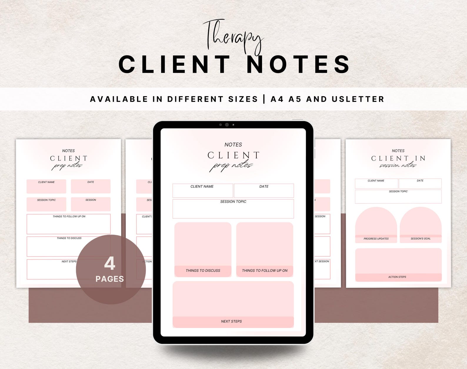 Pink Therapist Session Notes With Client Prep Progress and Goals ...