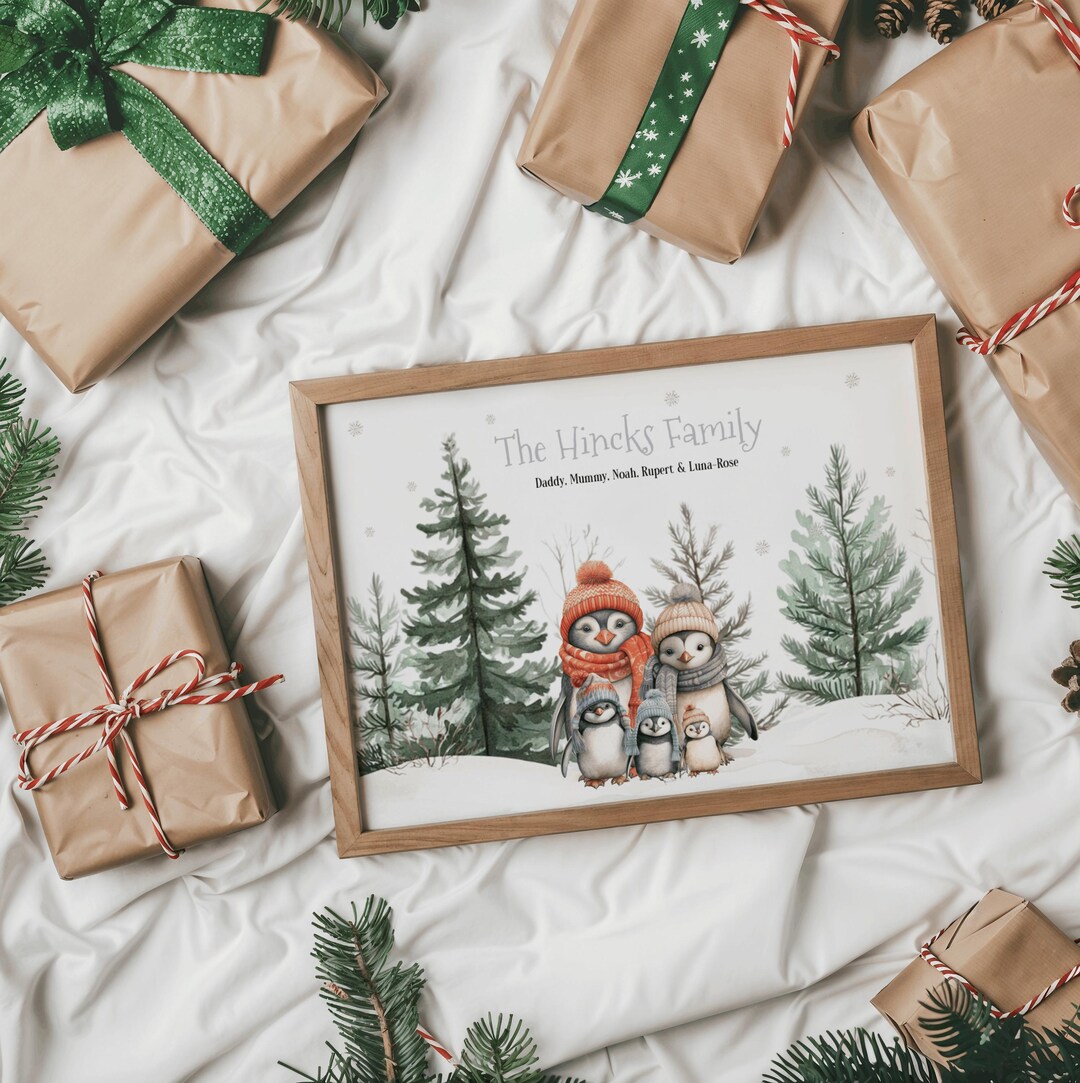 Personalised Penguin Family Print | Custom Family Names | Winter ...