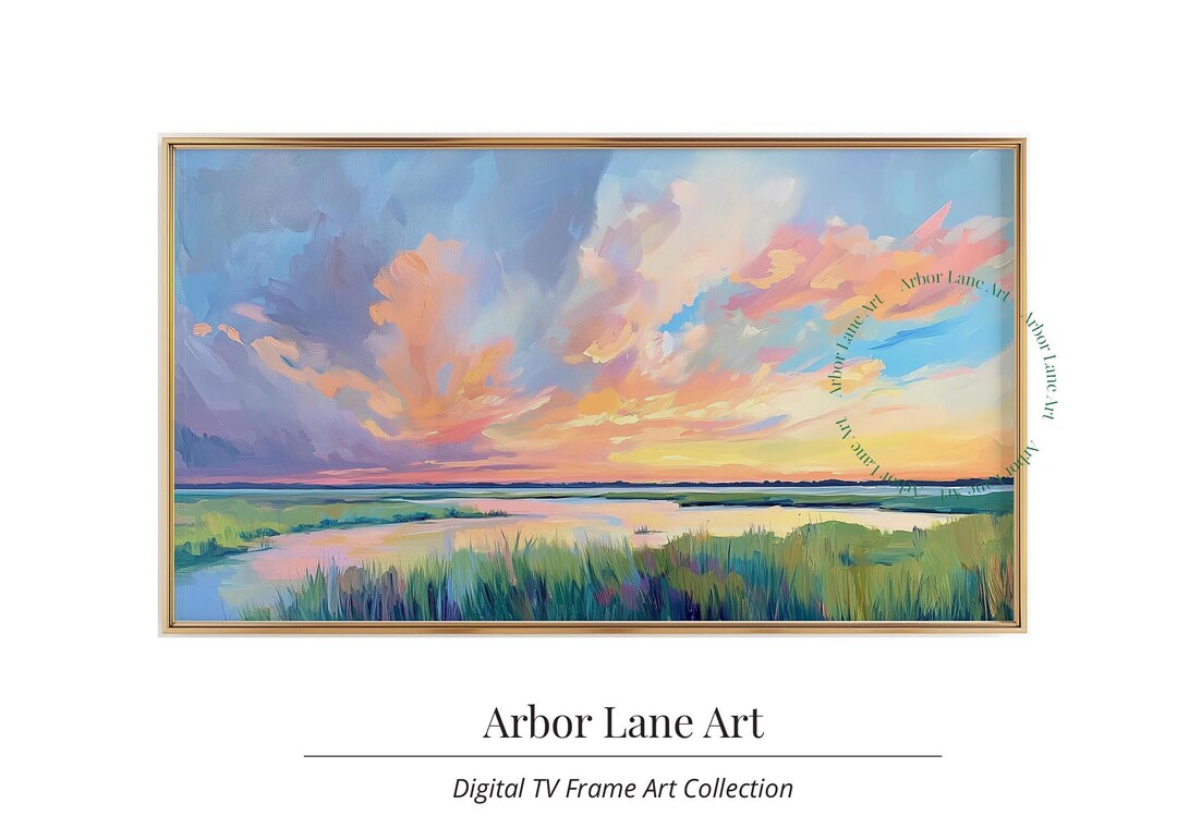 Pastel Sunset Landscape, Grassy Wetlands Colorful Sunset, Cotton Candy ...