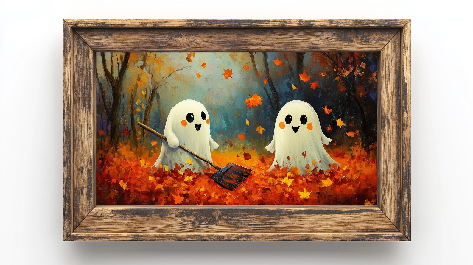 Adorable Friendly Ghosts Playing in Fall Leaves, Cute Ghost Art, Fall ...