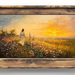 Jesus Christ Walking Through a Field of Wildflowers at Sunset ...