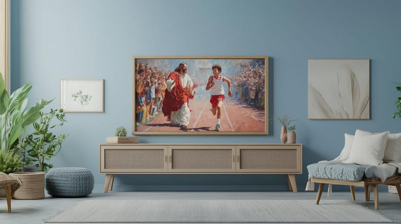 Jesus Christ and Teen Athlete Running, Smiling Jesus (digital TV Frame ...