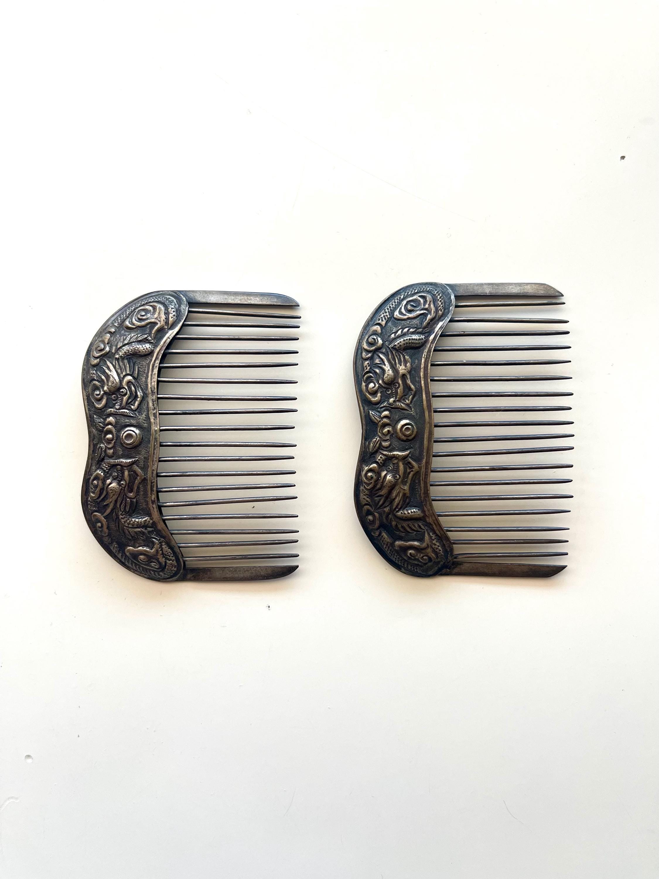 Vintage Chinese Silver Hair Comb With “twin Dragon Playing Pearl” Motif ...