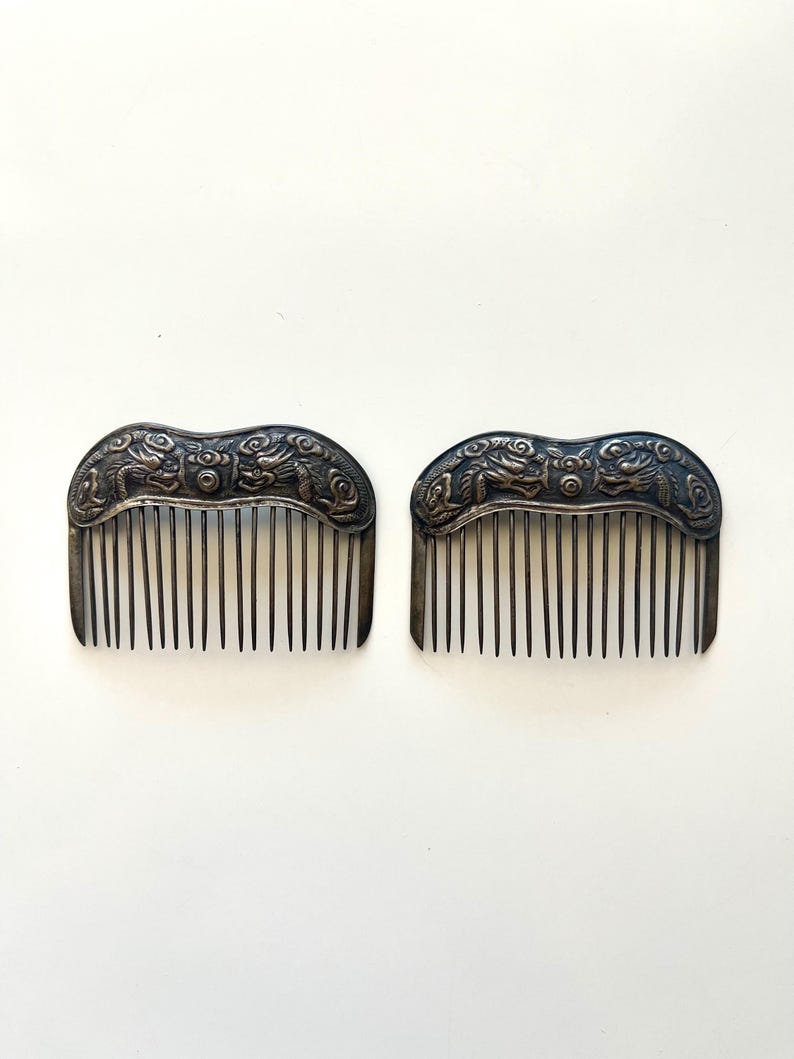 Vintage Chinese Silver Hair Comb With “twin Dragon Playing Pearl” Motif ...