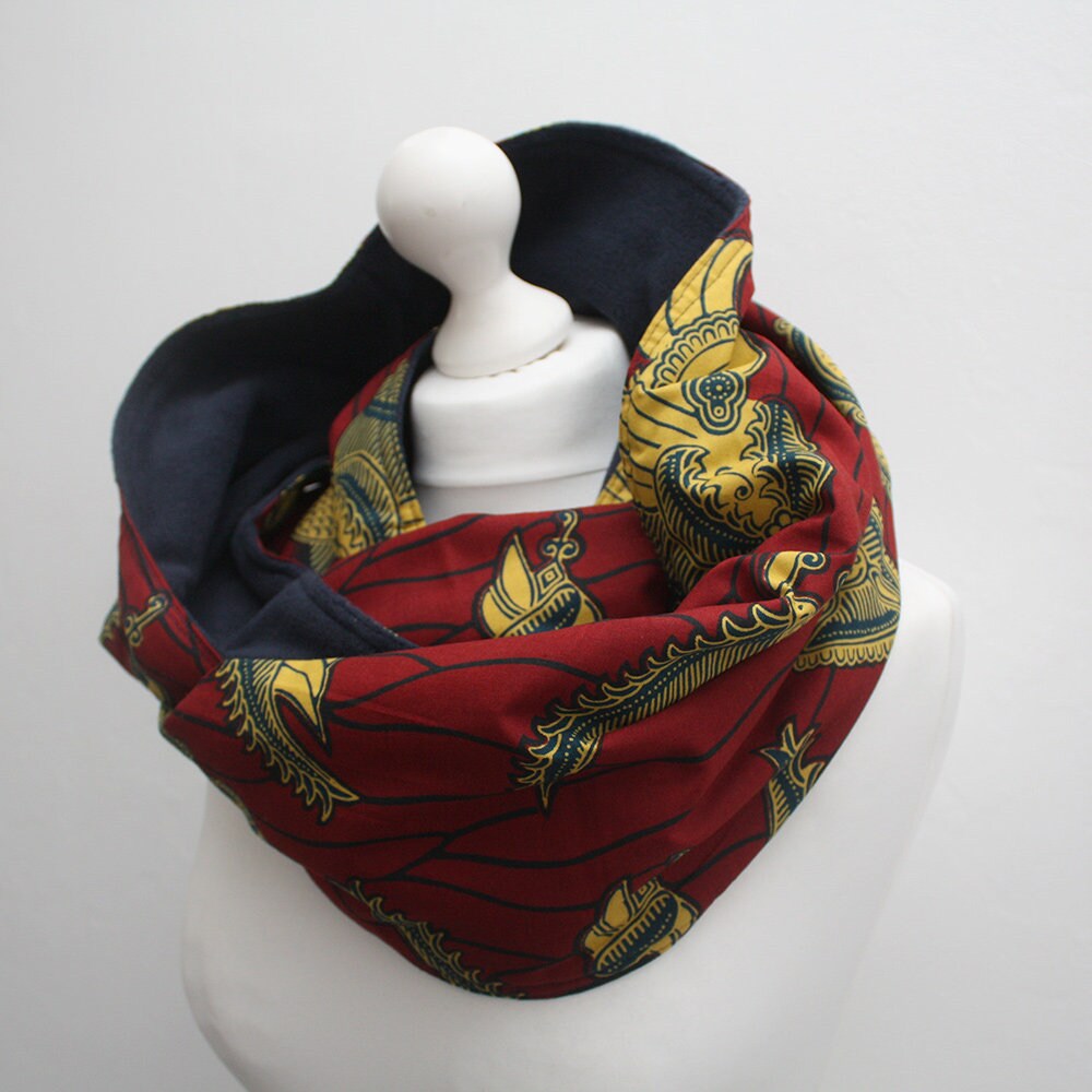 Red Wax Print Snood Scarf, Ankara Circle Scarf, Red Print and Fleece ...