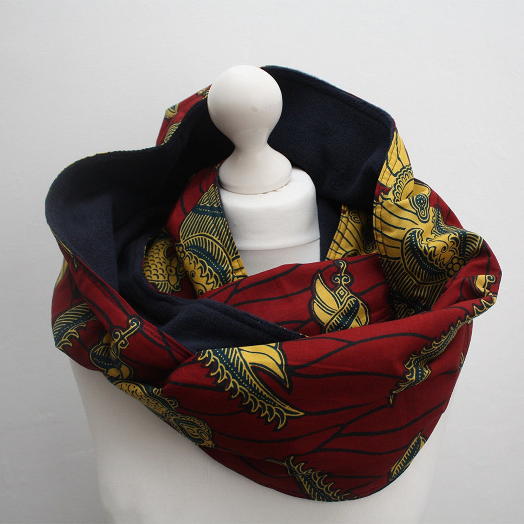 Red Wax Print Snood Scarf, Ankara Circle Scarf, Red Print and Fleece ...