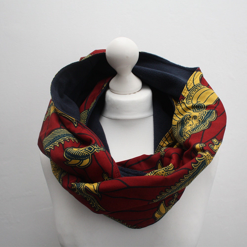 Red Wax Print Snood Scarf, Ankara Circle Scarf, Red Print and Fleece ...
