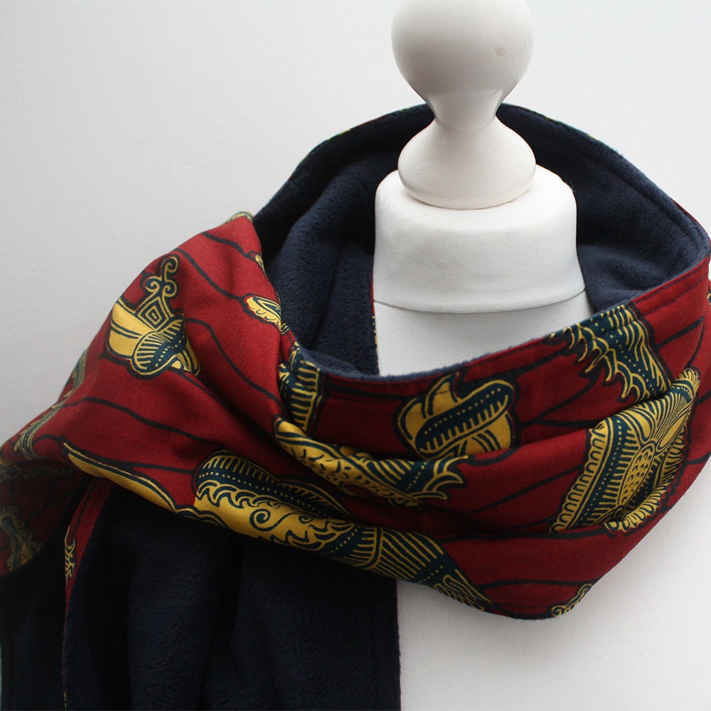 Red Wax Print Snood Scarf, Ankara Circle Scarf, Red Print and Fleece ...