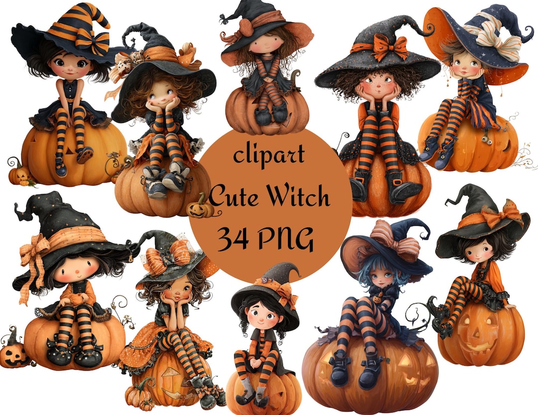 Cute Witch Clipart Bundle, Halloween Girl PNG, Digital Pumpkin Witch ...