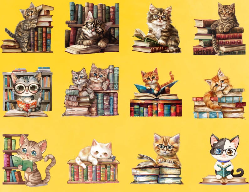 Cats With Books Clipart Bundle | Reading Kitten PNG Set | Book Lover ...
