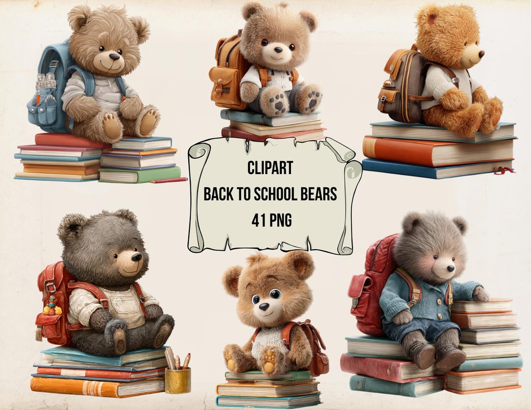 41 Back to School Bears Clipart, Cute Teddy Bear PNG Bundle, Kids ...