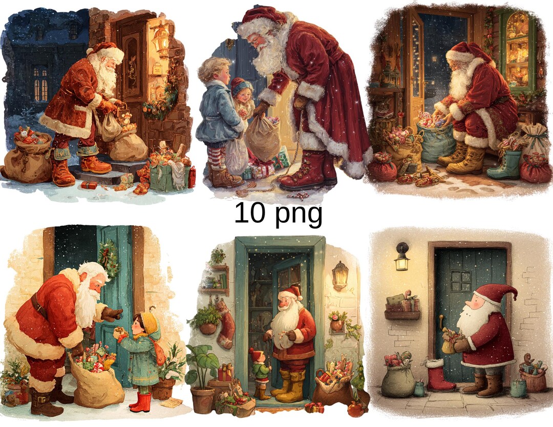 Santa Claus Visiting Doorsteps Clipart | Christmas Vintage Santa PNG ...