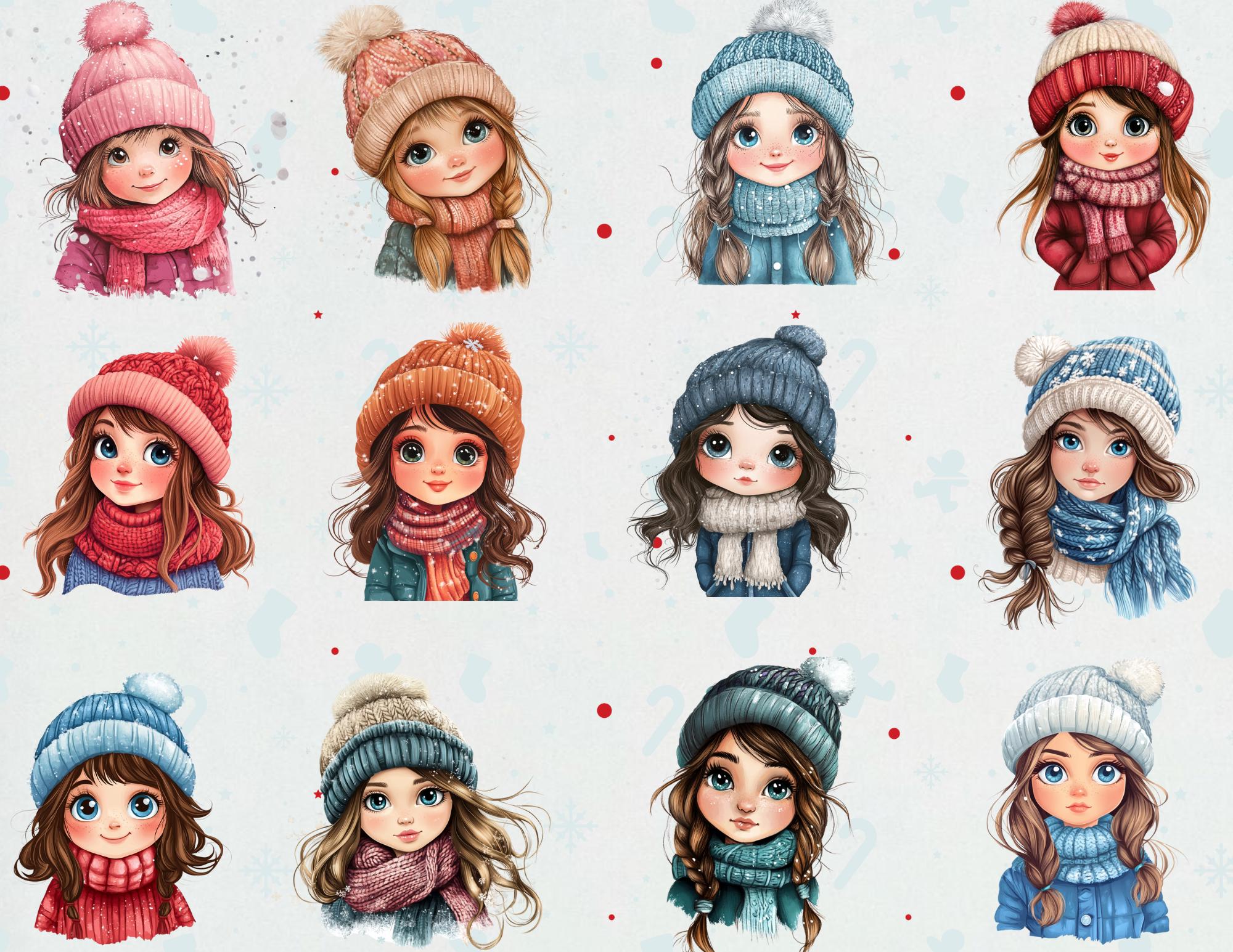 Winter Girls With Cozy Hats Clipart | Winter Vibes PNG | Digital Print ...