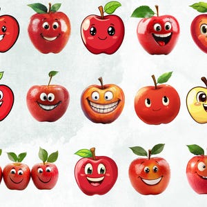 Funny Apple Clipart, Cute Fruit PNG, Cartoon Apples for Stickers ...