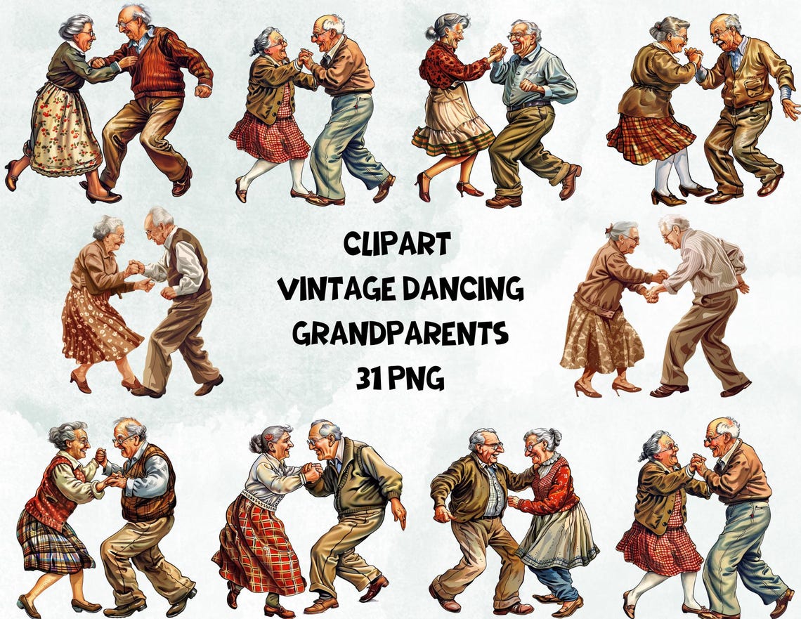 Clipart Vintage Dancing Grandparents | Set of Cute Illustration for ...